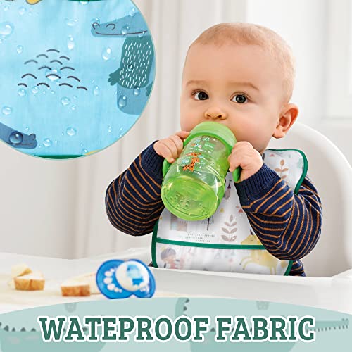 Zainpe 5Pcs Snap Baby Bibs Fox Bear Waterproof Stain Resistant Feeding Bib with Food Catcher Pocket Washable Adjustable Starter Bib Unisex Animals Burp Cloths for Infants Newborns Toddlers 6-24 Months