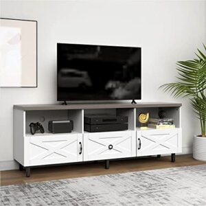 YITAHOME Mid-Century Modern TV Stand for 70/65/60/55 inch, Boho Wood TV Table Farmhouse Media Console with Storage Cabinet and Open Shelves for Living Room, Bedroom, 65 inch, White/Grey