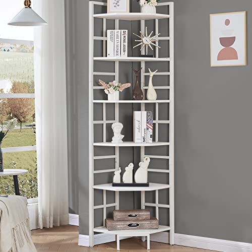 HOMISSUE 6 Tier Industrial Corner Shelf Unit, 76.9” Tall Corner Bookcase Storage Display Organizer Storage Stand for Home Office White