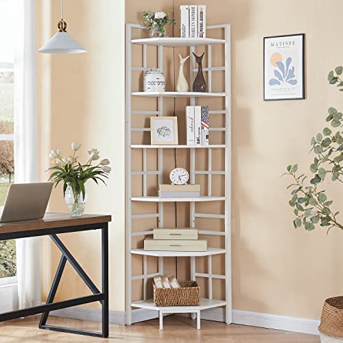 HOMISSUE 6 Tier Industrial Corner Shelf Unit, 76.9” Tall Corner Bookcase Storage Display Organizer Storage Stand for Home Office White