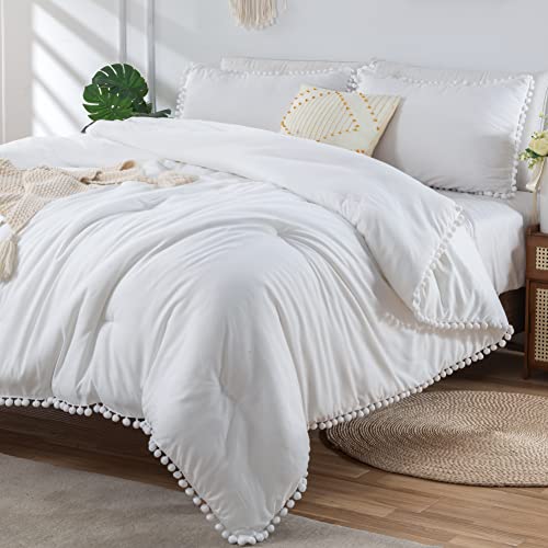 annadaif White Comforter Set Full Size, Pom Pom Fringe Comforter 3 Pieces, Soft Microfiber Down Alternative Bedding Set for All Season as Gift (1 Comforter, 2 Pillowcases)