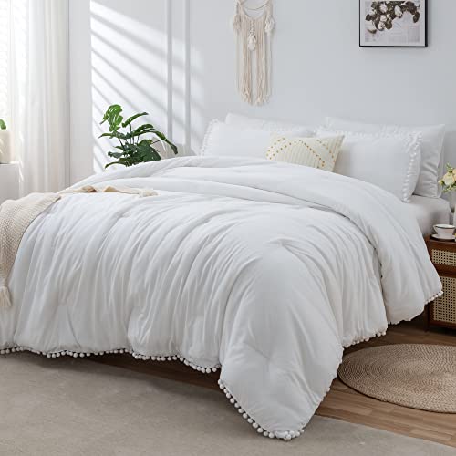 annadaif White Comforter Set Full Size, Pom Pom Fringe Comforter 3 Pieces, Soft Microfiber Down Alternative Bedding Set for All Season as Gift (1 Comforter, 2 Pillowcases)