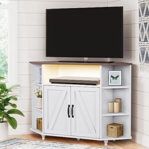 4 ever winner corner tv stand for 50 inch tv, 45” farmhouse corner tv cabinet with led light, adjustable shelves and barn doors, corner entertainment center for living room bedroom, white