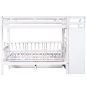 Harper & Bright Designs Twin Over Full Bunk Beds with Storage Stairs, Wood Detachable Bunk Beds with 2 Storage Drawers,and The Down Bed can be Converted into Daybed, White