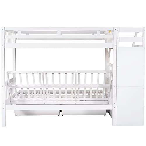 Harper & Bright Designs Twin Over Full Bunk Beds with Storage Stairs, Wood Detachable Bunk Beds with 2 Storage Drawers,and The Down Bed can be Converted into Daybed, White