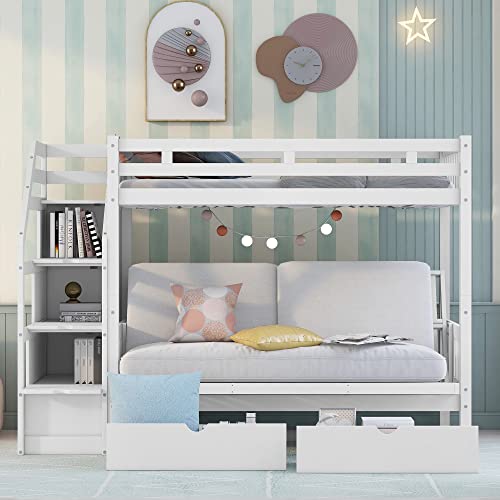 Harper & Bright Designs Twin Over Full Bunk Beds with Storage Stairs, Wood Detachable Bunk Beds with 2 Storage Drawers,and The Down Bed can be Converted into Daybed, White