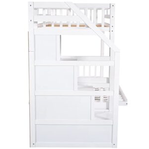 Harper & Bright Designs Twin Over Full Bunk Beds with Storage Stairs, Wood Detachable Bunk Beds with 2 Storage Drawers,and The Down Bed can be Converted into Daybed, White