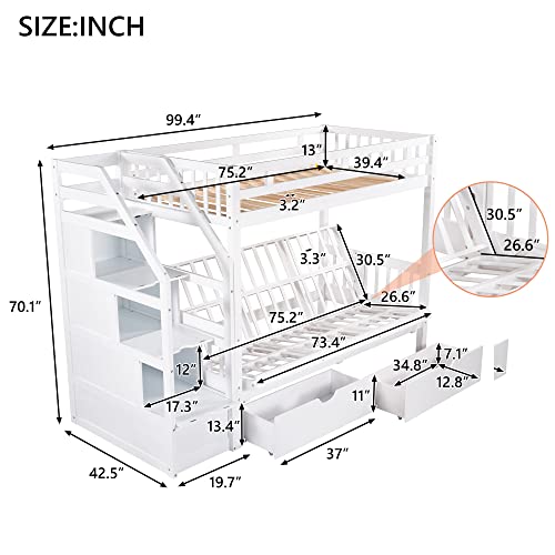 Harper & Bright Designs Twin Over Full Bunk Beds with Storage Stairs, Wood Detachable Bunk Beds with 2 Storage Drawers,and The Down Bed can be Converted into Daybed, White