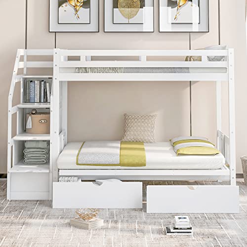 Harper & Bright Designs Twin Over Full Bunk Beds with Storage Stairs, Wood Detachable Bunk Beds with 2 Storage Drawers,and The Down Bed can be Converted into Daybed, White