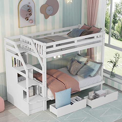 Harper & Bright Designs Twin Over Full Bunk Beds with Storage Stairs, Wood Detachable Bunk Beds with 2 Storage Drawers,and The Down Bed can be Converted into Daybed, White