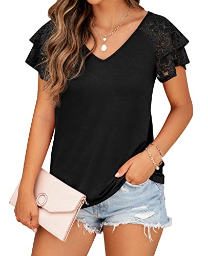 FREEOAK Summer Tops Double Lace Sleeve Shirts for Women V Neck Loose Casual Tee Tunics Black Tops for Women Black L