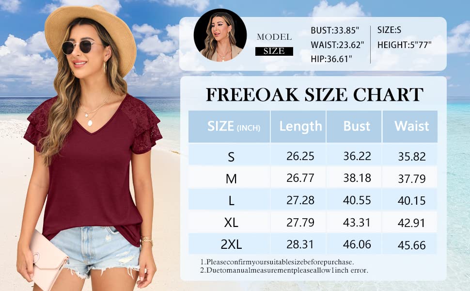 FREEOAK Summer Tops Double Lace Sleeve Shirts for Women V Neck Loose Casual Tee Tunics Black Tops for Women Black L