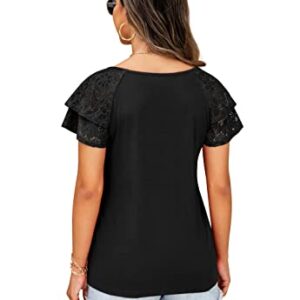 FREEOAK Summer Tops Double Lace Sleeve Shirts for Women V Neck Loose Casual Tee Tunics Black Tops for Women Black L