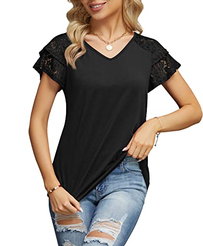 FREEOAK Summer Tops Double Lace Sleeve Shirts for Women V Neck Loose Casual Tee Tunics Black Tops for Women Black L