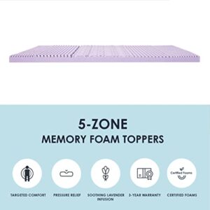 Mellow 2 Inch 5-Zone Memory Foam Mattress Topper, Soothing Lavender Infusion, Queen