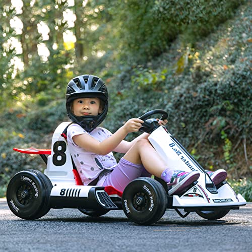 XJD Electric Go Kart 12V Battery Powered Pedal Go Karts for 3+ Kids Adults on Car Electric Vehicle Car Racing Drift Car for Boys Girls with Bluetooth/FM and Remote Control (White)