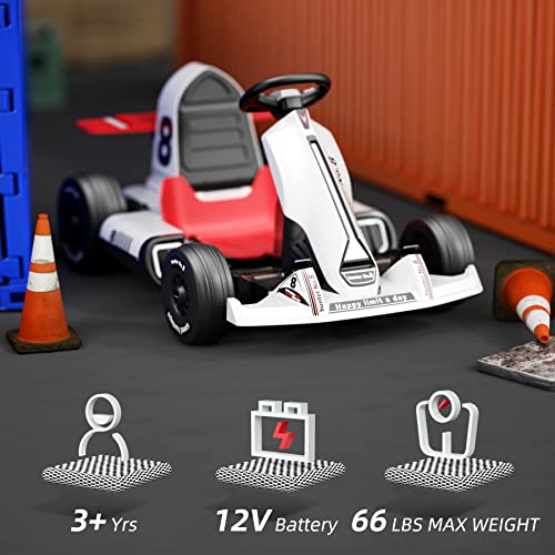 XJD Electric Go Kart 12V Battery Powered Pedal Go Karts for 3+ Kids Adults on Car Electric Vehicle Car Racing Drift Car for Boys Girls with Bluetooth/FM and Remote Control (White)