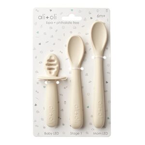 ali+oli (3pc) silicone spoon set for baby (coco) unbreakable silicone baby spoon, baby spoons self feeding 6 months & up, self feeding baby utensils, multi-stage baby feeding spoon, ergonomic design