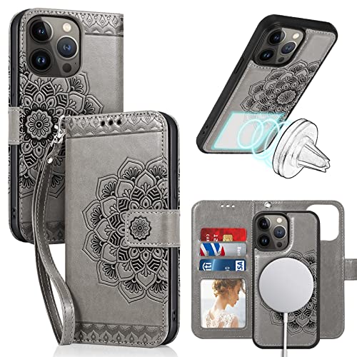 CASEOWL Compatible for iPhone 14 Pro Max Wallet Case[Support Magsafe Charger] 2-in-1 Magnetic Detachable[RFID Blocking] Mandala Embossed Flip Leather Wallet Case with Card Holder,Strap for Women(Gray)