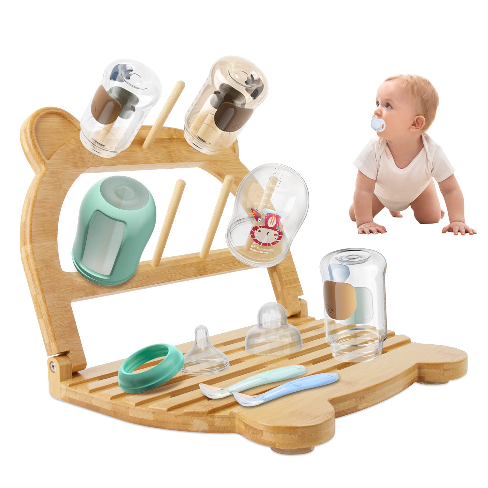 Tohomes Baby Bottle Drying Rack Bamboo, Foldable High Capacity Bottle Drying Rack Space Saving Waterproof Bottle Dryer Holder with Anti-Slip Rubber Pad for Baby Bottle Accessories, Cups, Pacifiers