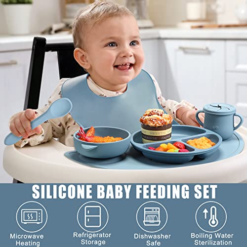 Mimorou 16 Pack Baby Feeding Supplies Set, Silicone Baby Led Weaning Suction Plates and Bowls Silicone Bibs Anti Slip Placemat Snack Cups Baby Spoons Forks, Toddler Eating Utensil Set