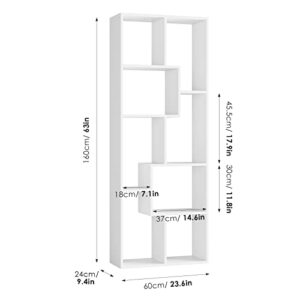 FOTOSOK Geometric Bookcase, 8-Tier Bookshelf TV Stand, Free Standing Display and Storage Shelf for Home Office, White