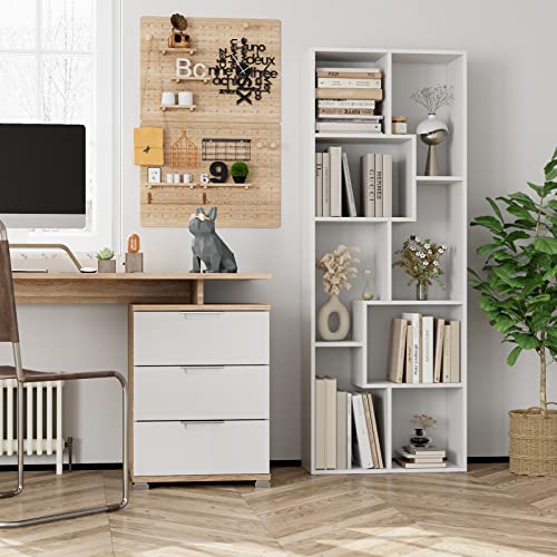 FOTOSOK Geometric Bookcase, 8-Tier Bookshelf TV Stand, Free Standing Display and Storage Shelf for Home Office, White