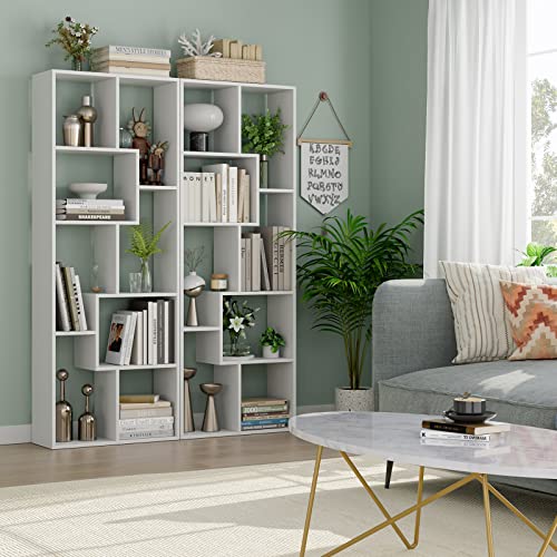 FOTOSOK Geometric Bookcase, 8-Tier Bookshelf TV Stand, Free Standing Display and Storage Shelf for Home Office, White