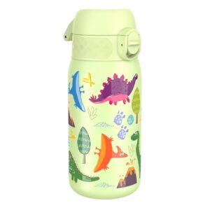 ion8 kid's stainless steel water bottle - food-safe and odor resistant - fits car cup holders, backpack pockets and more, 14 oz / 400 ml (pack of 1) - dinosaurs