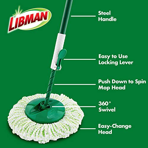 Libman Tornado Spin Mop System Plus 1 Refill Head | Mop and Bucket with Wringer Set | Floor Mop | Libman Mop | Mops for Floor Cleaning | Hardwood Floor Mop | 2 Total Mop Heads Included,Green