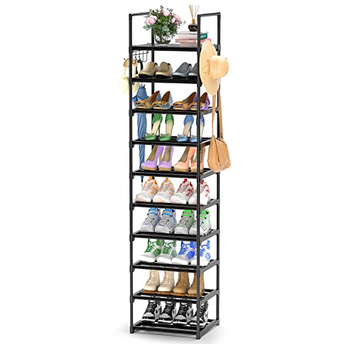 Kottwca 10 Tier Tall Shoe Rack Organizer for Closet Entryway, 20-24 Pair Shoe Boot Storage Rack, Narrow Metal Shoe Shelf Small Vertical Stackable Shoe Stand for Bedroom Corner with 2 Hooks PP Gaskets