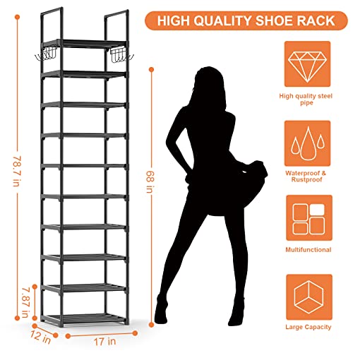 Kottwca 10 Tier Tall Shoe Rack Organizer for Closet Entryway, 20-24 Pair Shoe Boot Storage Rack, Narrow Metal Shoe Shelf Small Vertical Stackable Shoe Stand for Bedroom Corner with 2 Hooks PP Gaskets