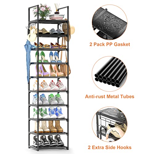 Kottwca 10 Tier Tall Shoe Rack Organizer for Closet Entryway, 20-24 Pair Shoe Boot Storage Rack, Narrow Metal Shoe Shelf Small Vertical Stackable Shoe Stand for Bedroom Corner with 2 Hooks PP Gaskets