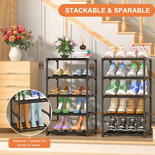 Kottwca 10 Tier Tall Shoe Rack Organizer for Closet Entryway, 20-24 Pair Shoe Boot Storage Rack, Narrow Metal Shoe Shelf Small Vertical Stackable Shoe Stand for Bedroom Corner with 2 Hooks PP Gaskets