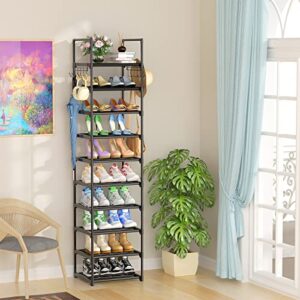 Kottwca 10 Tier Tall Shoe Rack Organizer for Closet Entryway, 20-24 Pair Shoe Boot Storage Rack, Narrow Metal Shoe Shelf Small Vertical Stackable Shoe Stand for Bedroom Corner with 2 Hooks PP Gaskets