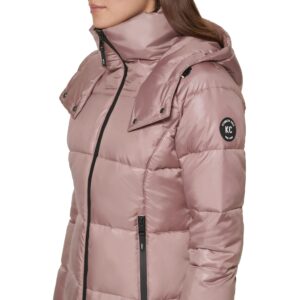 Kenneth Cole Women's Zip Down Puffer with Button Hood, BARK, X-Small