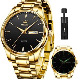 OLEVS Mens Gold Watches Analog Quartz Business Dress Watch Day Date Stainless Steel Classic Luxury Luminous Waterproof Casual Male Wrist Watches Black Face