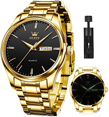 OLEVS Mens Gold Watches Analog Quartz Business Dress Watch Day Date Stainless Steel Classic Luxury Luminous Waterproof Casual Male Wrist Watches Black Face