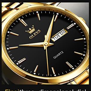 OLEVS Mens Gold Watches Analog Quartz Business Dress Watch Day Date Stainless Steel Classic Luxury Luminous Waterproof Casual Male Wrist Watches Black Face