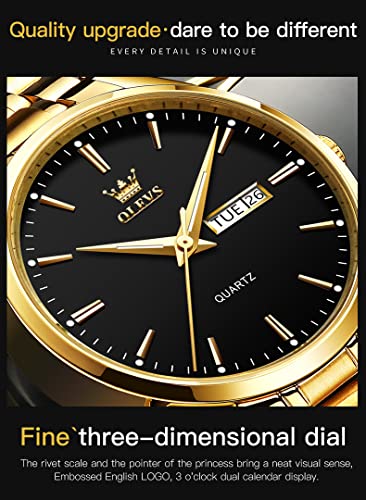 OLEVS Mens Gold Watches Analog Quartz Business Dress Watch Day Date Stainless Steel Classic Luxury Luminous Waterproof Casual Male Wrist Watches Black Face