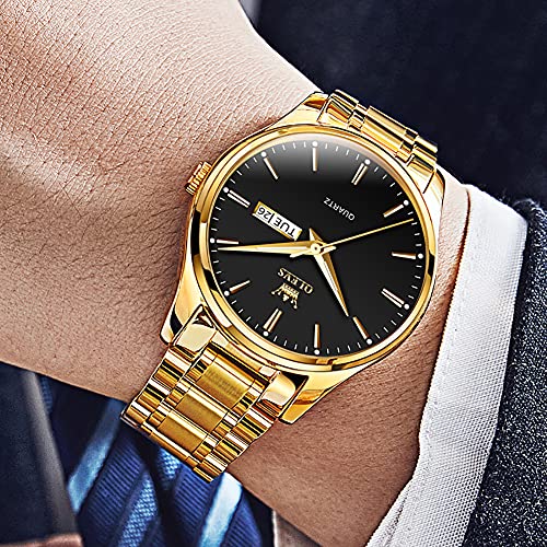 OLEVS Mens Gold Watches Analog Quartz Business Dress Watch Day Date Stainless Steel Classic Luxury Luminous Waterproof Casual Male Wrist Watches Black Face