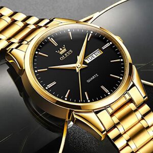 OLEVS Mens Gold Watches Analog Quartz Business Dress Watch Day Date Stainless Steel Classic Luxury Luminous Waterproof Casual Male Wrist Watches Black Face