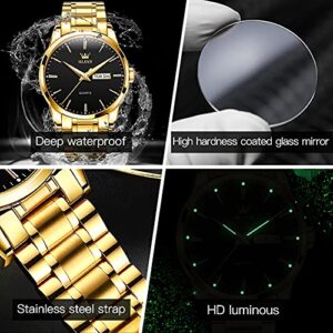 OLEVS Mens Gold Watches Analog Quartz Business Dress Watch Day Date Stainless Steel Classic Luxury Luminous Waterproof Casual Male Wrist Watches Black Face