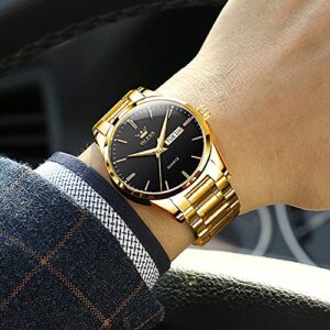 OLEVS Mens Gold Watches Analog Quartz Business Dress Watch Day Date Stainless Steel Classic Luxury Luminous Waterproof Casual Male Wrist Watches Black Face