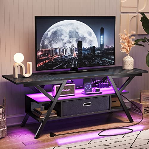 Bestier LED Entertainment Center with Power Outlets Gaming TV Stand for TV up to 65 Inch 55” TV Game Console for Living Room Bedroom Removable Drawer 20 Dynamic RGB Modes, Carbon Fiber Black