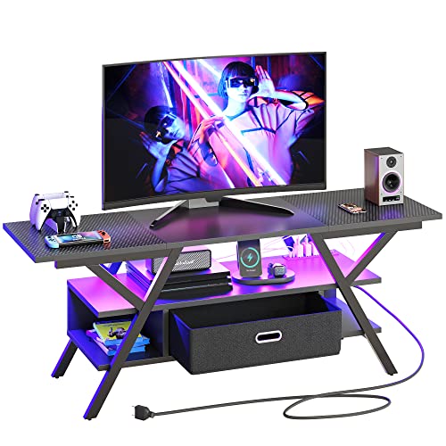 Bestier LED Entertainment Center with Power Outlets Gaming TV Stand for TV up to 65 Inch 55” TV Game Console for Living Room Bedroom Removable Drawer 20 Dynamic RGB Modes, Carbon Fiber Black