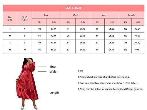 ZAFUL Women Casual V Neck Long Dress Tie Neck Solid Color High Waist Tiered Ruffle Hem A Line Swing Maxi Dresses (1-Wine, M)