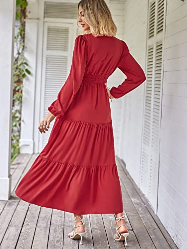 ZAFUL Women Casual V Neck Long Dress Tie Neck Solid Color High Waist Tiered Ruffle Hem A Line Swing Maxi Dresses (1-Wine, M)