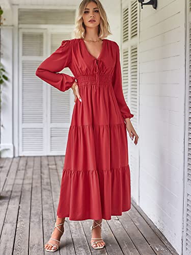 ZAFUL Women Casual V Neck Long Dress Tie Neck Solid Color High Waist Tiered Ruffle Hem A Line Swing Maxi Dresses (1-Wine, M)