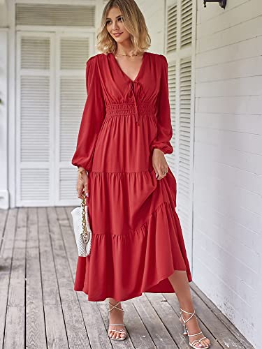 ZAFUL Women Casual V Neck Long Dress Tie Neck Solid Color High Waist Tiered Ruffle Hem A Line Swing Maxi Dresses (1-Wine, M)